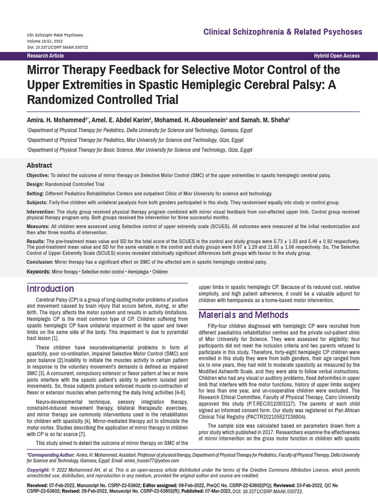 Mirror Therapy Feedback For Selective Motor Control of The Upper ...