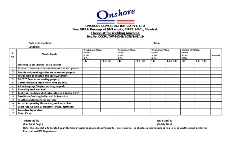 Checklist For Welding Machine | PDF | Electrical Components ...