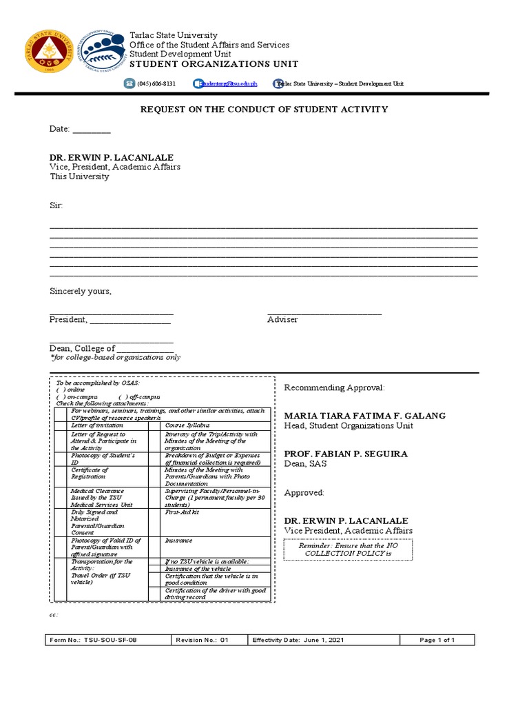 Tsu Sou SF 08 Request Letter On The Conduct of Activity | PDF