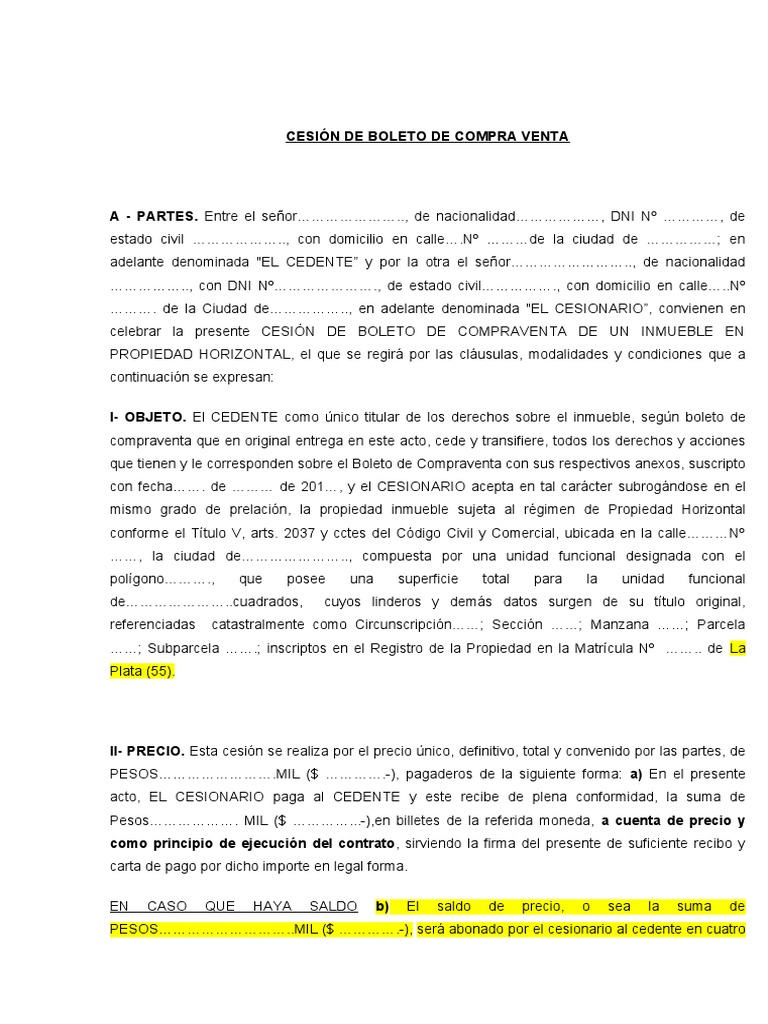MODELO CESION DE BOLETO en Pesos | PDF