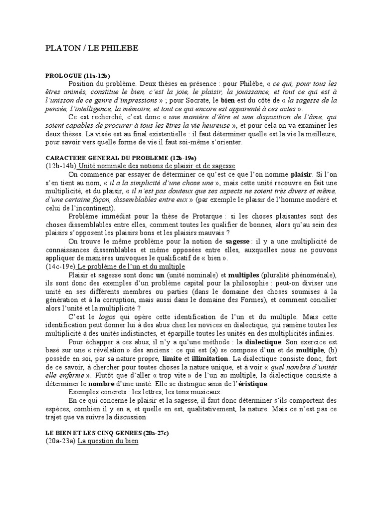 Fiche Platon Philèbe | PDF