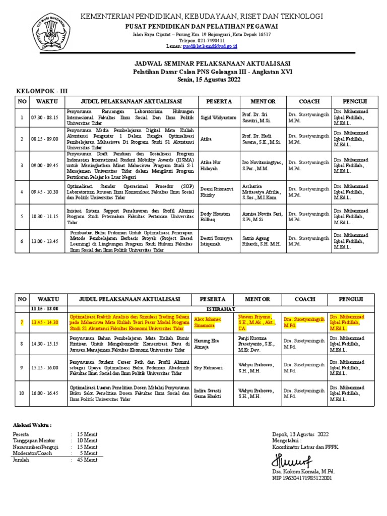 Jadwal Seminar LA Angk-16 Kel - 3 | PDF