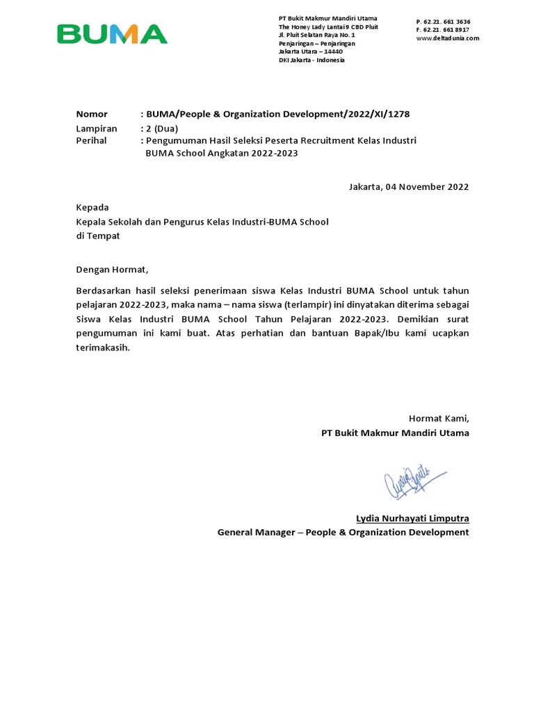 Surat Pengumuman Recruitment BUMA School Tahun Ajaran 2022 - 2023 | PDF