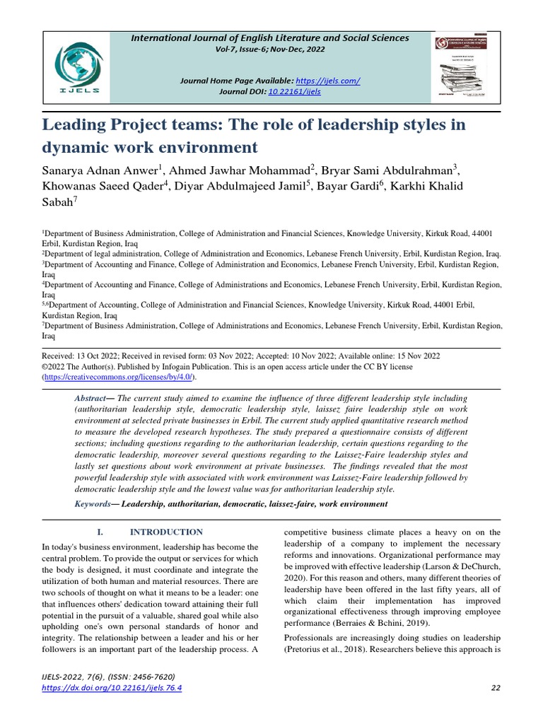 Leading Project Teams: The Role of Leadership Styles in Dynamic Work Environment | Download Free ...