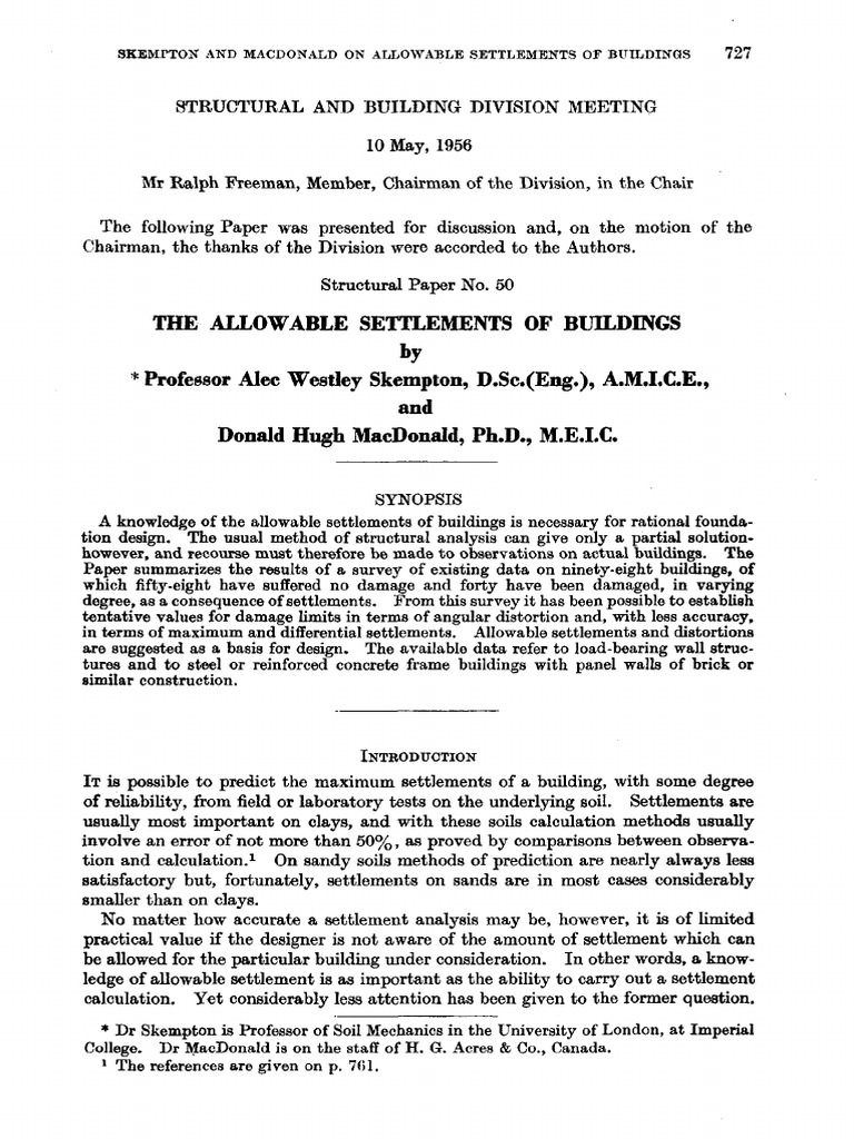 The Allowable Settlements of Building - Skempton and Macdonald | PDF