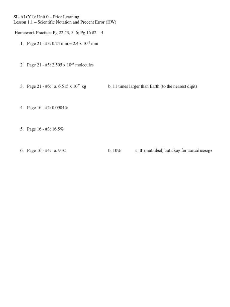 SL AI (Y1) Unit 1 Lesson 2 - Scientific Notation and Percent Error HW (Key) | PDF