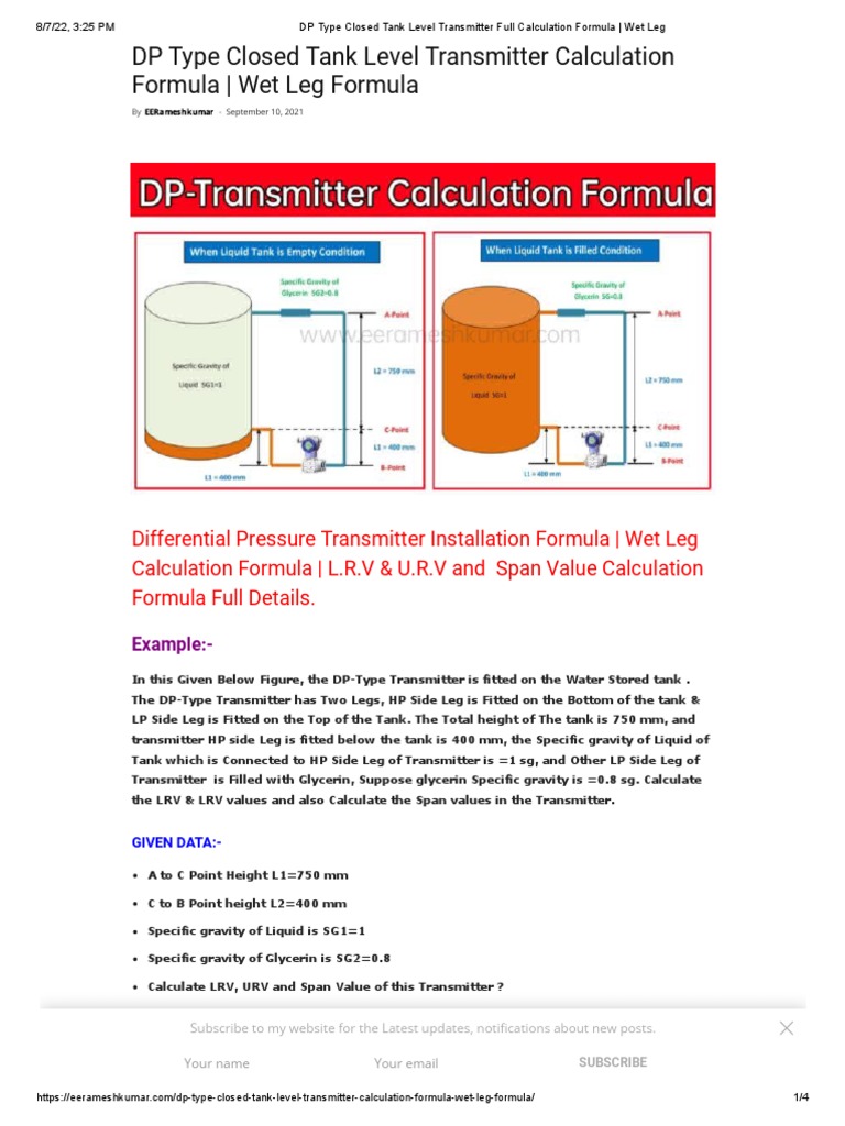 DP Type Closed Tank Level Transmitter Full Calculation Formula - Wet Leg | PDF | Pressure