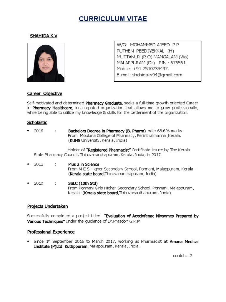 Shahida CV | PDF | Pharmacy | Kerala