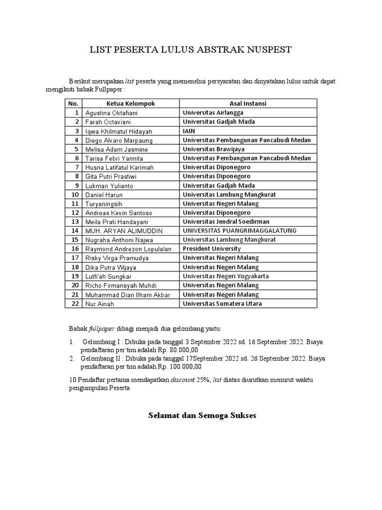 List Peserta Lulus Abstrak Nuspest | PDF