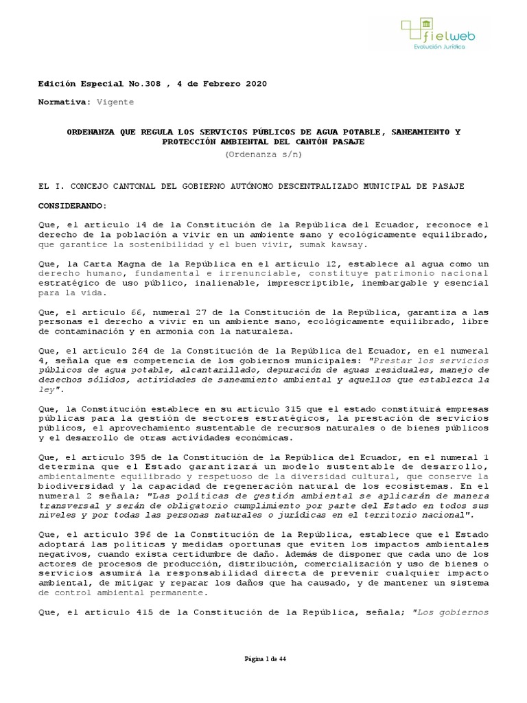 Ordenanza Que Regula Los Servicios Públicos De Agua Potable
