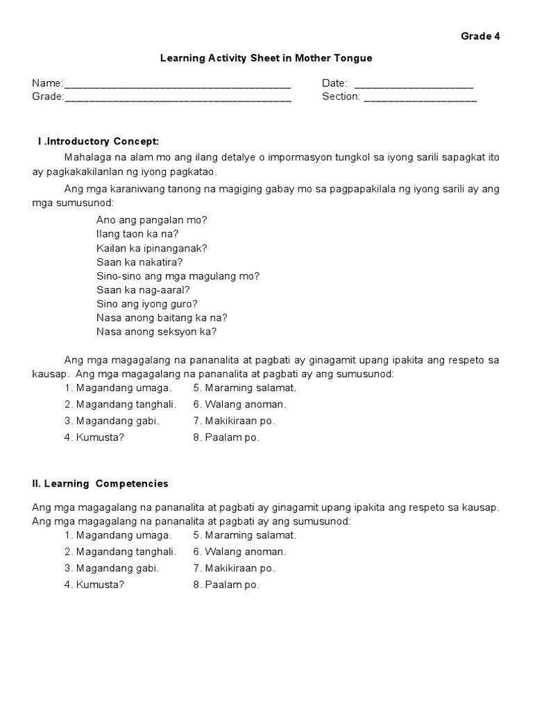 Grade 1-Learning Activity Sheet | PDF
