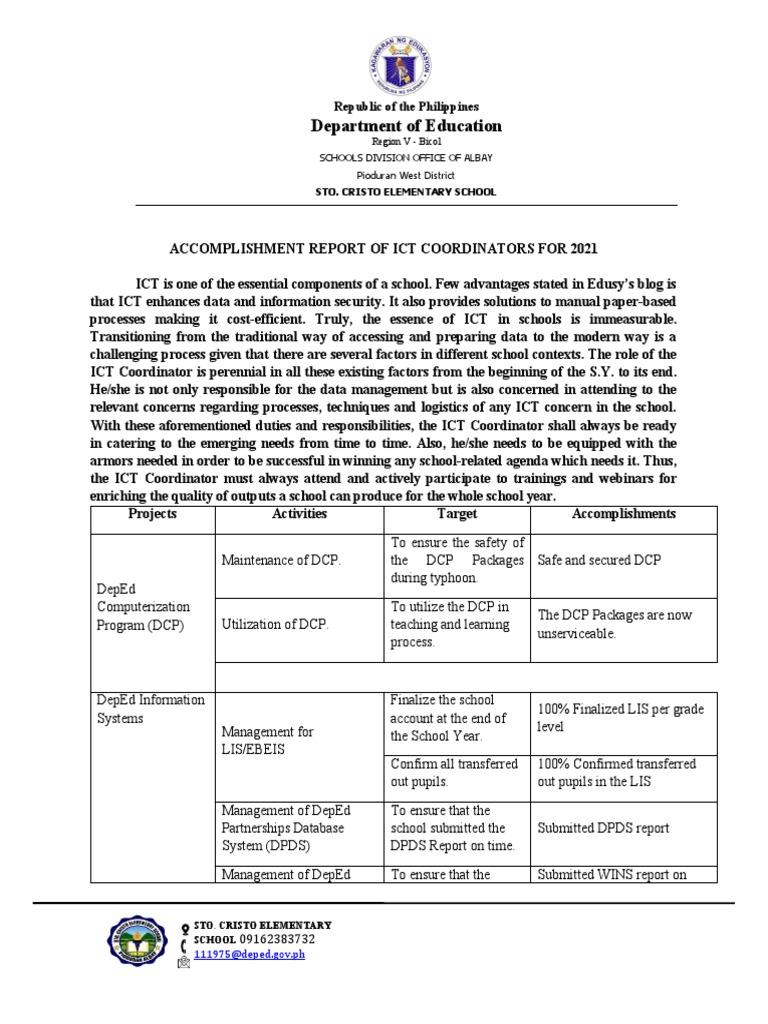 ICT Coordinator Accomplishment Report 2021 | PDF | Educational ...