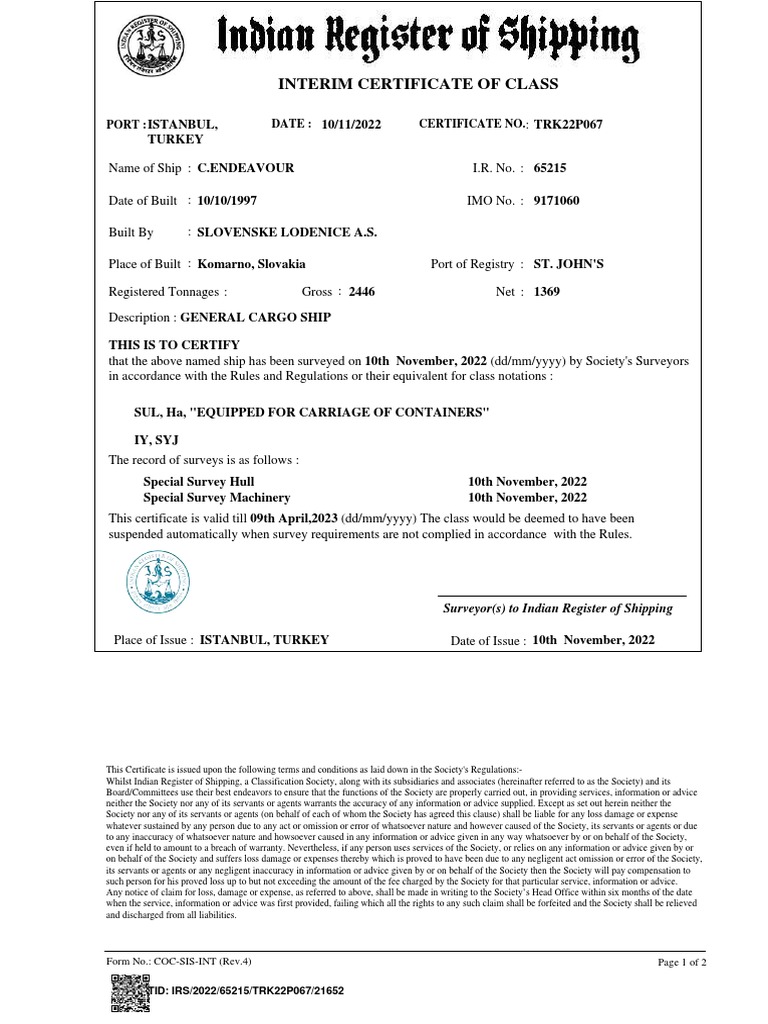 Interim Certificate of Class for the Cargo Ship C. ENDEAVOUR | PDF ...