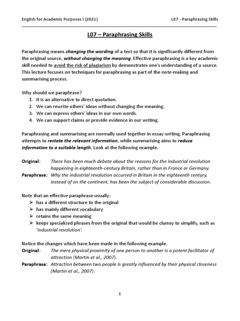 L07 Paraphrasing Skills | PDF
