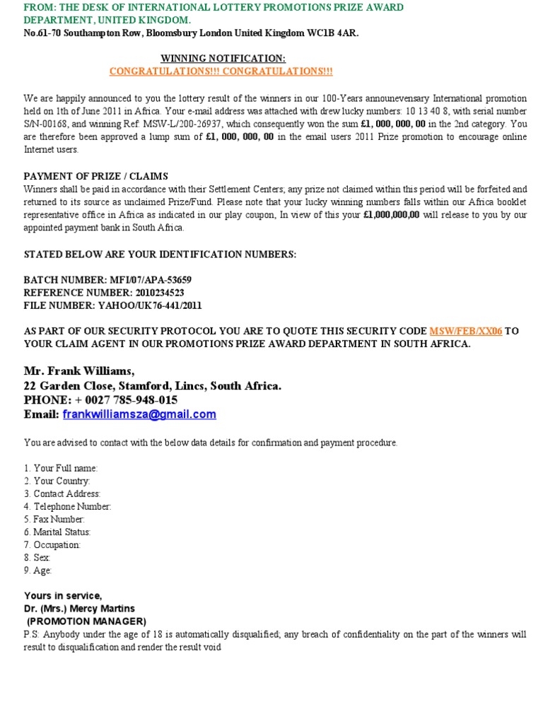 £1 Million Lottery Winning Notification | PDF