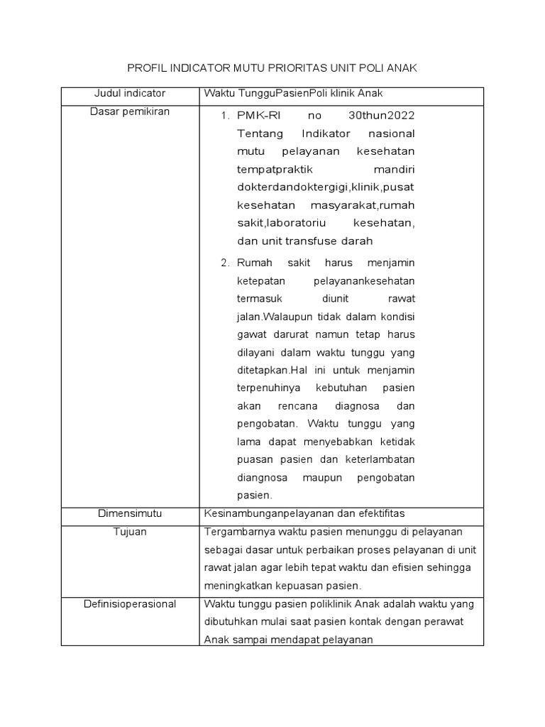 Profil Indicator Mutu Prioritas Unit Anak | PDF