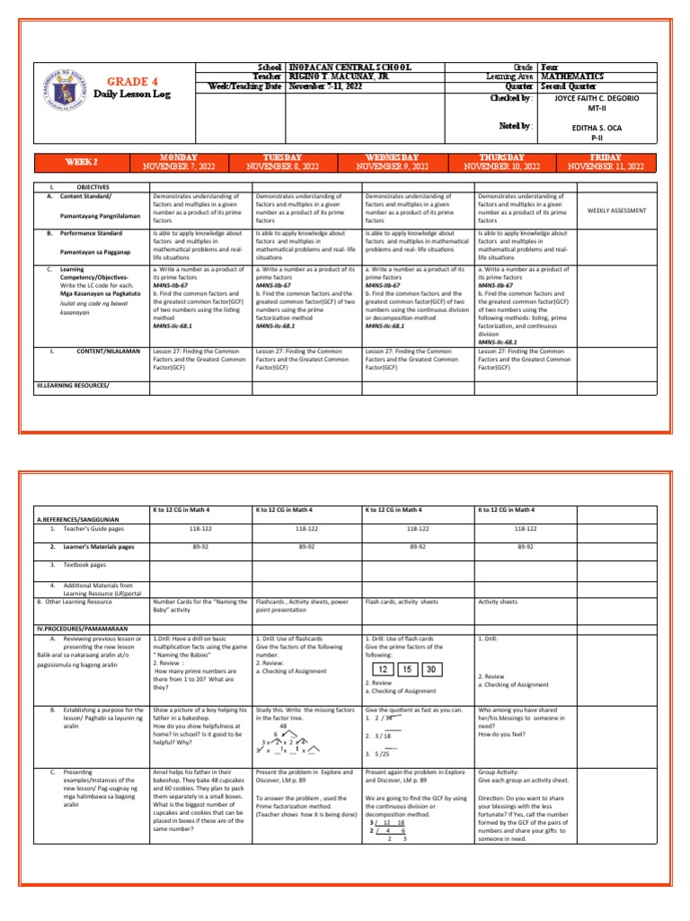 Math 4 DLL. Q2 Week 2 | PDF | Learning | Flashcard