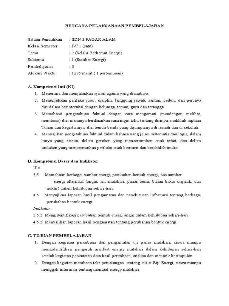 RPP Kelas 4 SD Semester 1 | PDF