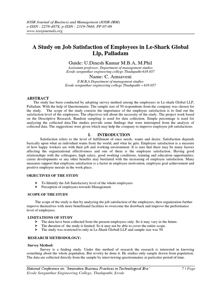 A Study On Job Satisfaction of Employees in Le-Shark Global LLP ...