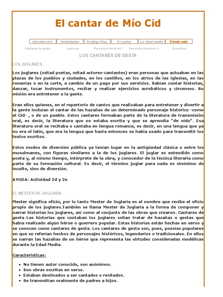 Los Cantares de Gesta y Los Juglares | PDF