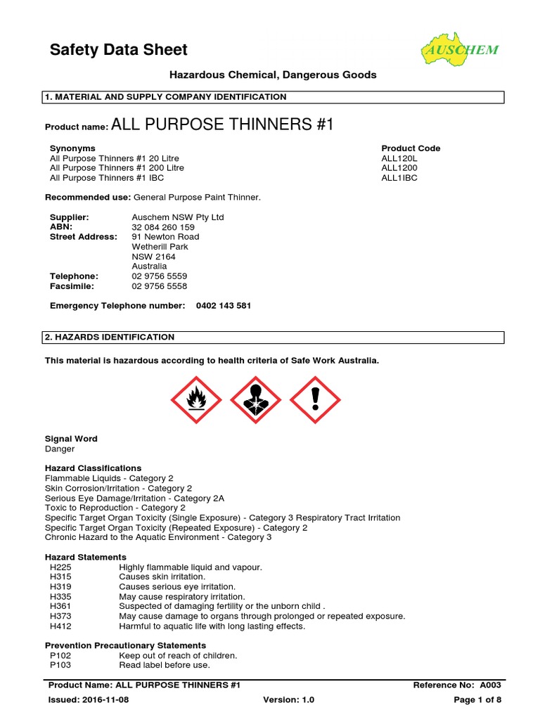 All Purpose Thinners Msds | PDF
