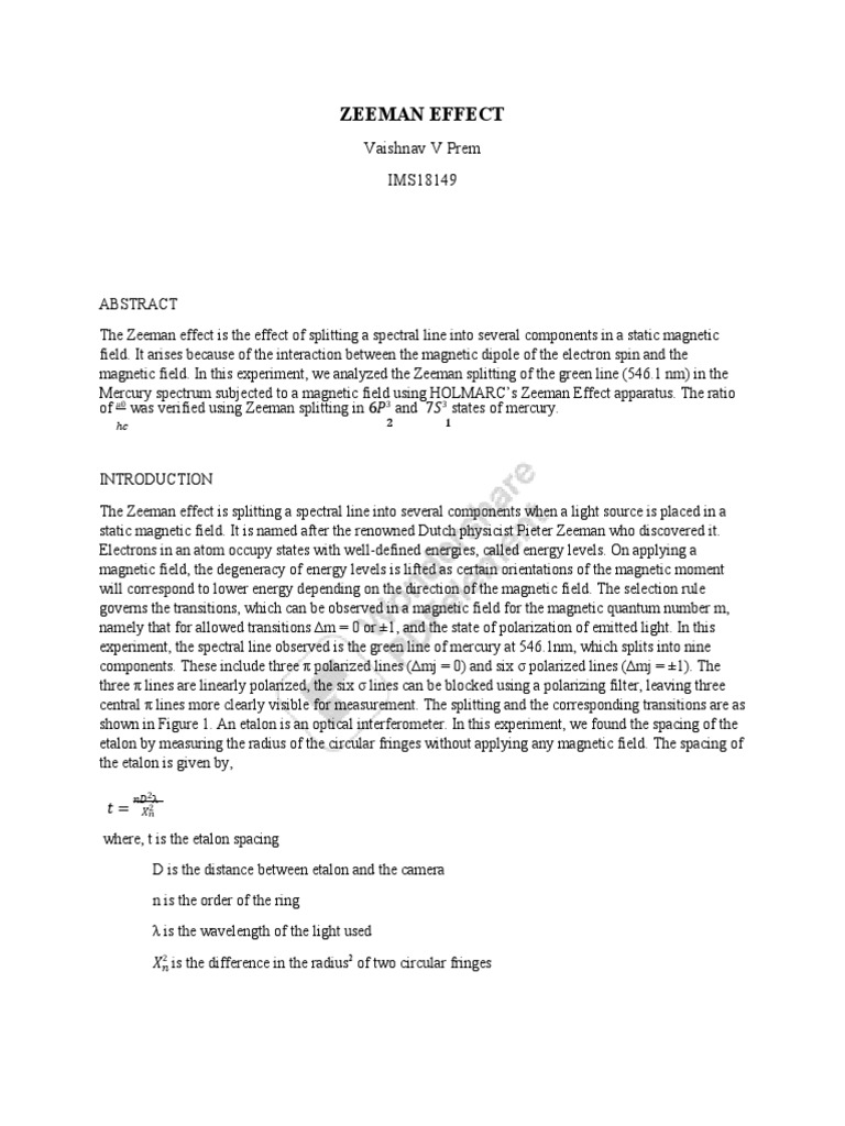 Zeeman Effect | PDF | Energy Level | Magnetism