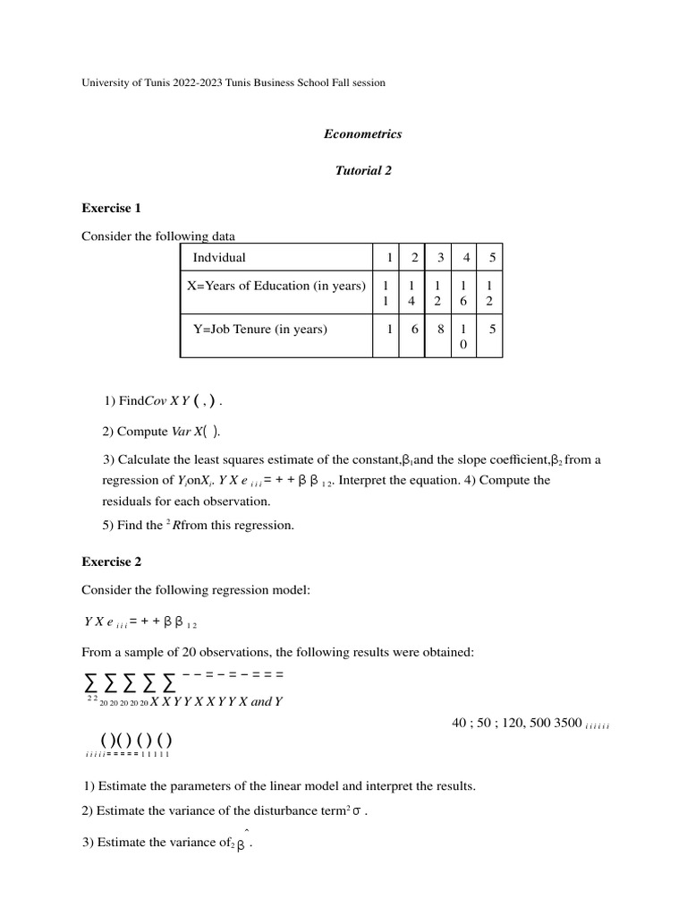 Tutorial 2 Econometrics Pdf Ordinary Least Squares Errors And