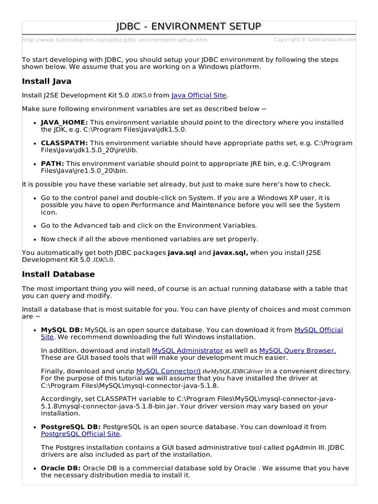 Jdbc-Environment-Setup | PDF | Databases | My Sql Jdbc-Environment-Setup | PDF | Databases | My Sql