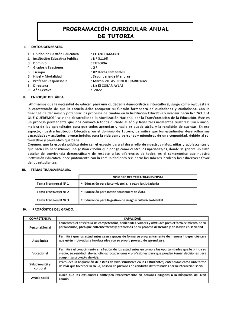 Plan Anual de Tutoria 2022 | PDF Plan Anual de Tutoria 2022 | PDF