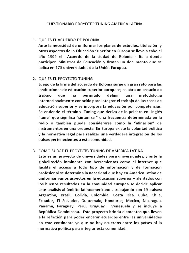 Resumen Del Proyecto Tuning América Latina Y Sus Objetivos Para