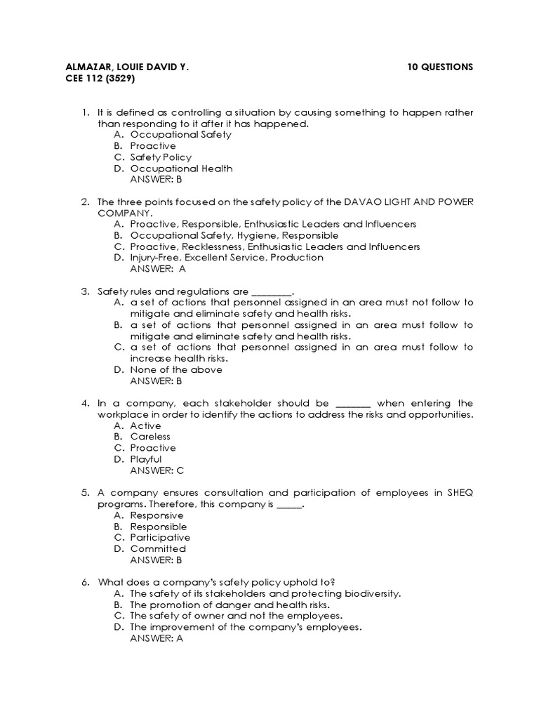 Almazar - 10 Questions Bosh | PDF | Occupational Safety And Health | Safety