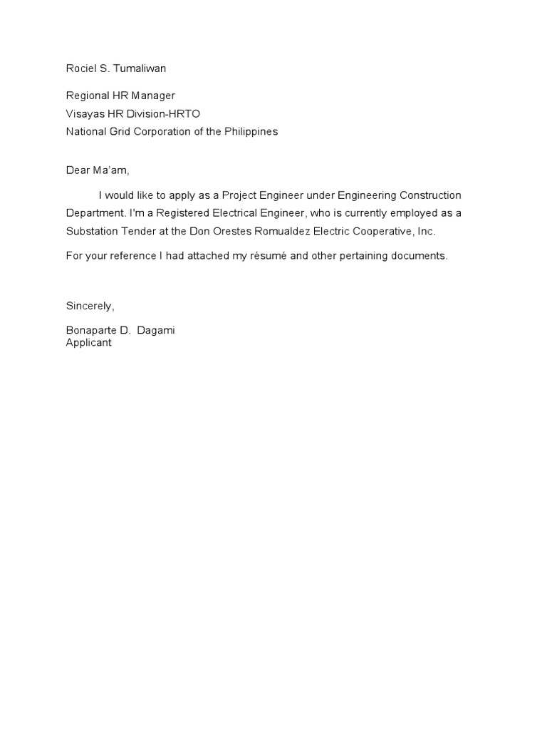 Project Engineer Application Letter | PDF | Technology & Engineering
