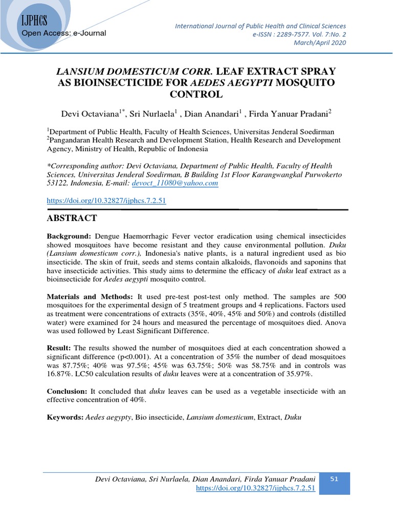 Lansium Domesticum Corr. Leaf Extract Spray As Bioinsecticide For Aedes ...