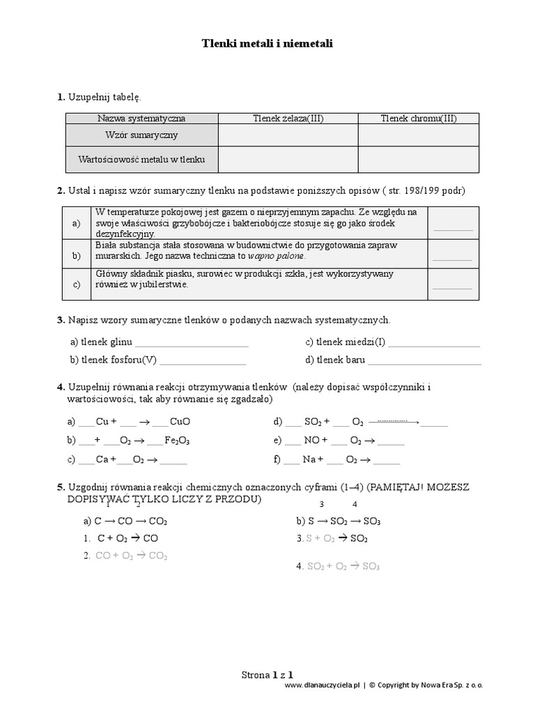 Scenariusz 7 Tlenki Metali I Niemetali Karta Pracy | PDF