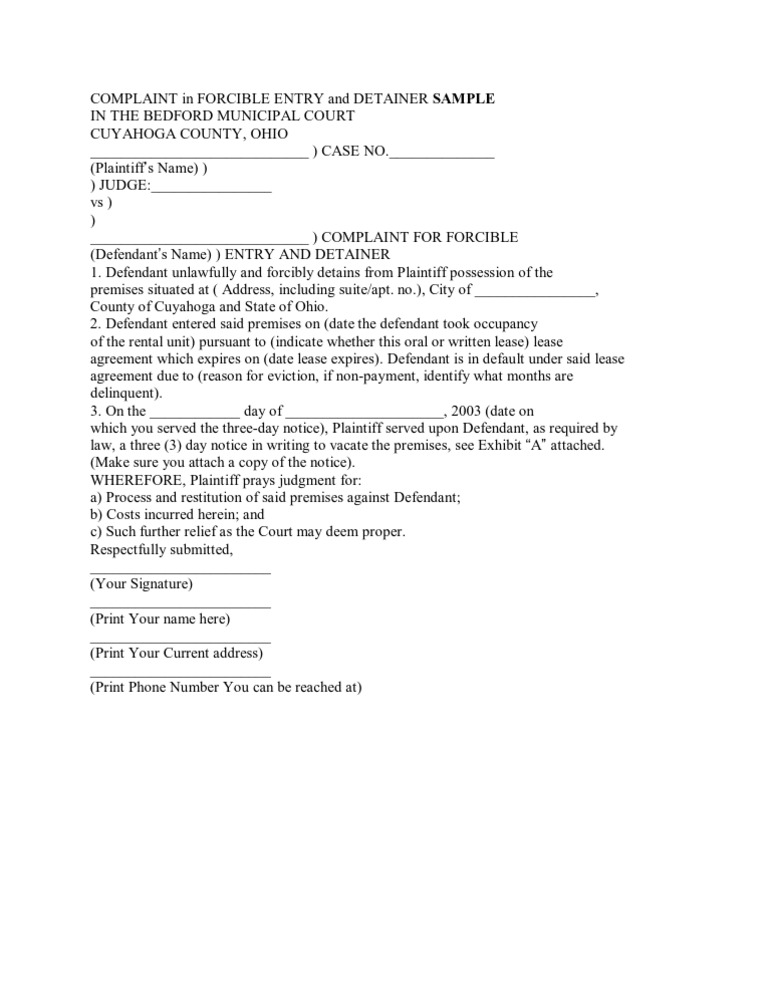 Complaint in Forcible Entry and Detainer Sample | PDF