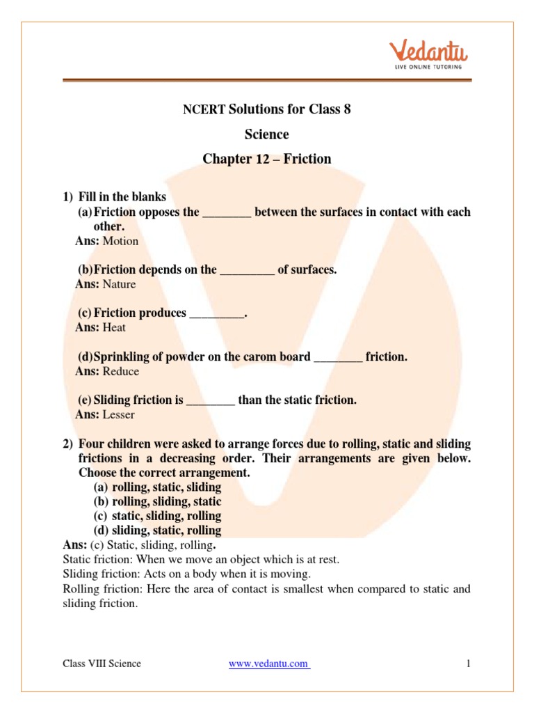 CBSE Class 8 NCERT Solutions For Science Chapter 12 - Friction | PDF