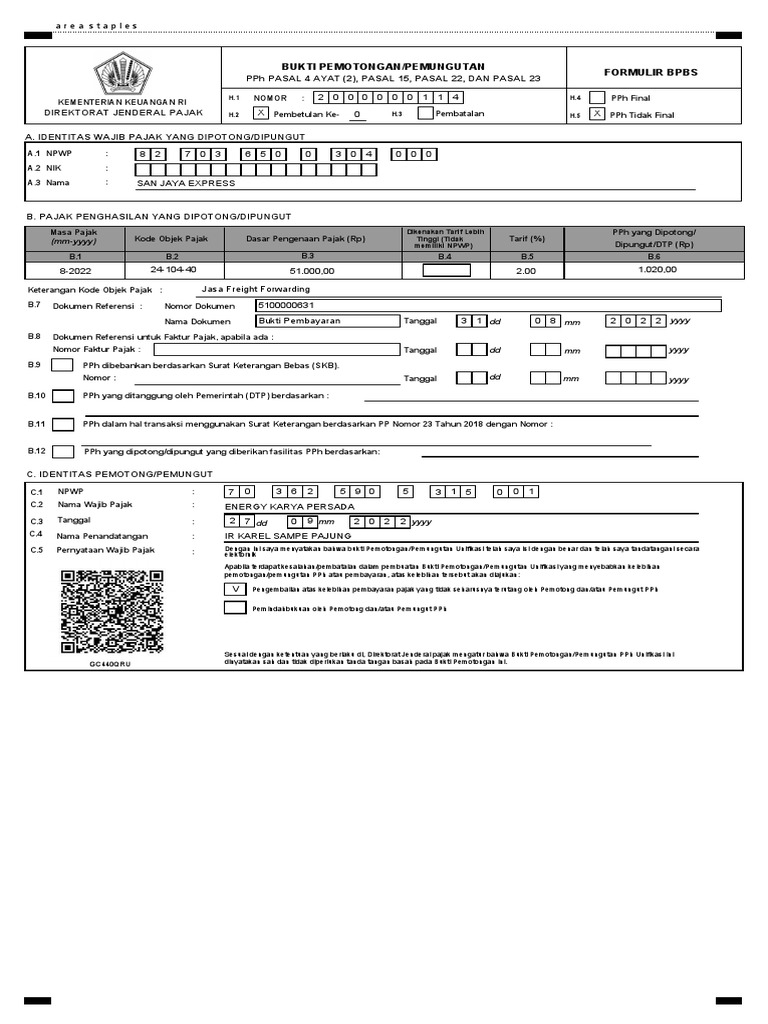 Bukti Potong San Jaya Express IDR 1.020 | PDF