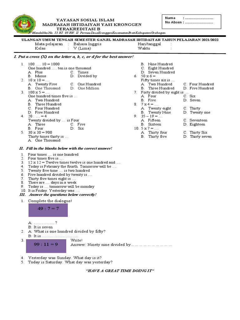 Soal PTS Bahasa Inggris Kelas 5 Semester 1 | PDF