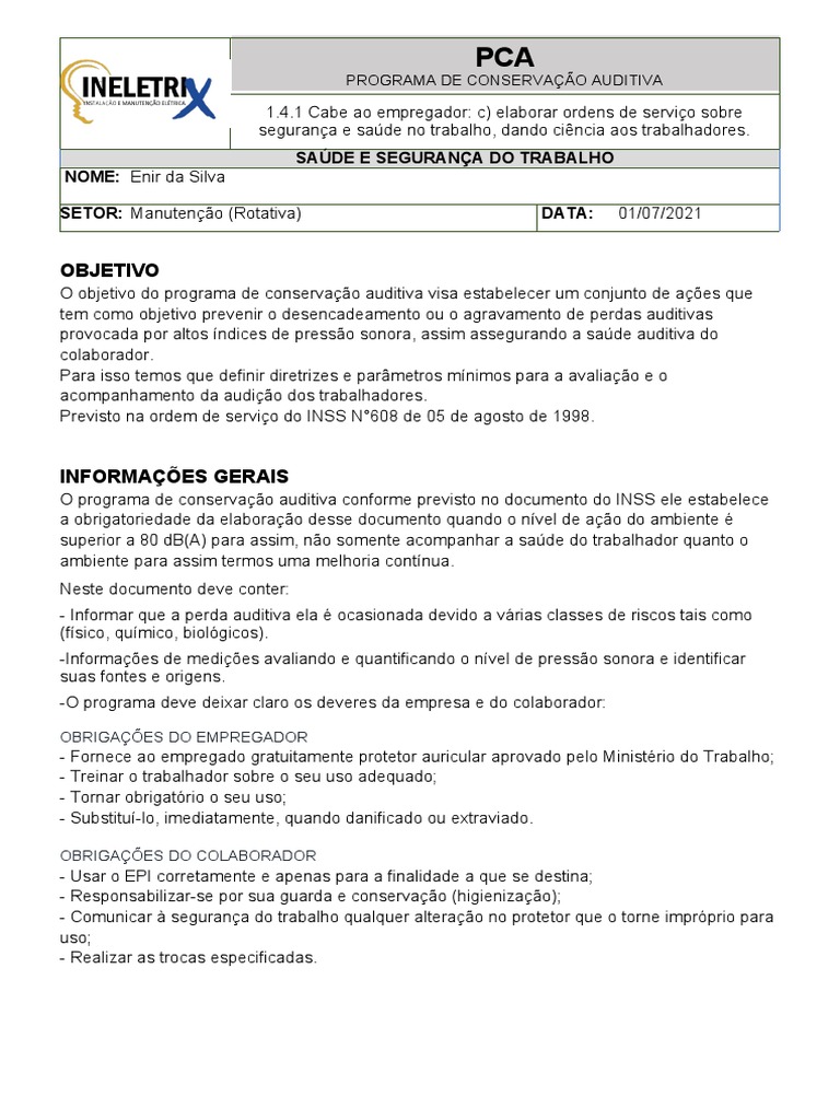 Modelo Pca - Programa de Conservação Auditiva | Download grátis PDF ...