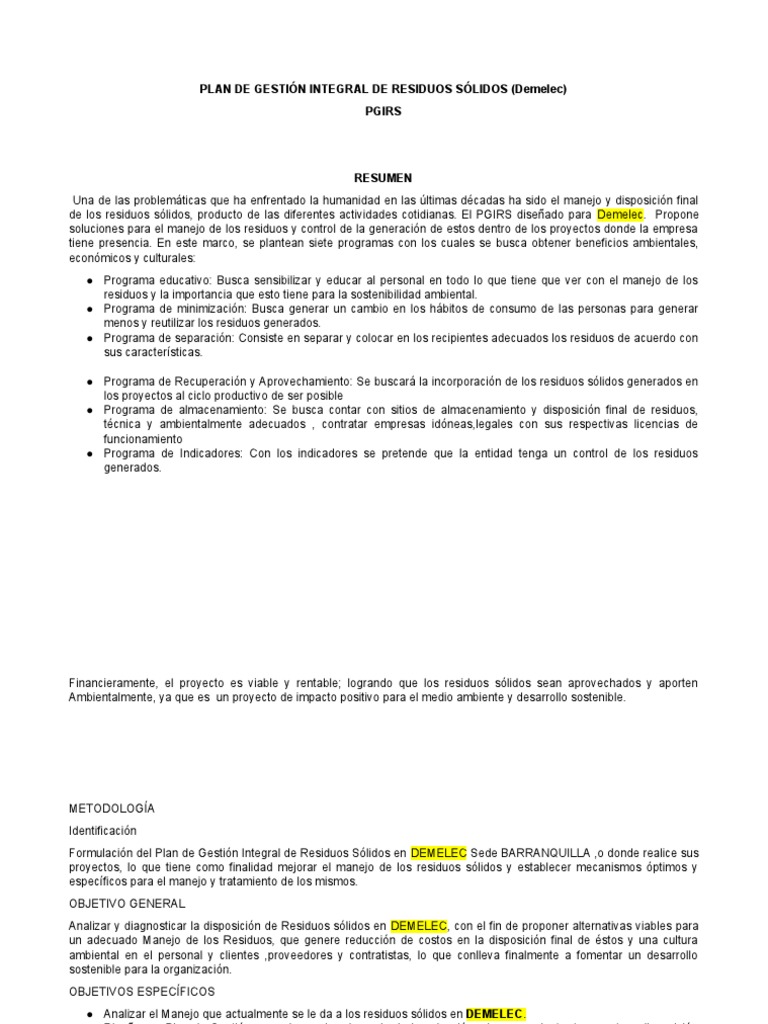 Plan de Gestión Integral de Residuos Sólidos | PDF | Residuos | Reciclaje