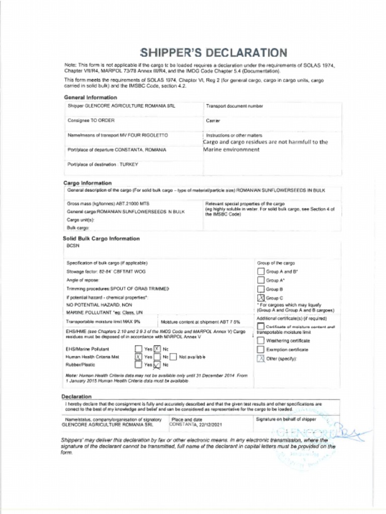 Shipper's Declaration | PDF