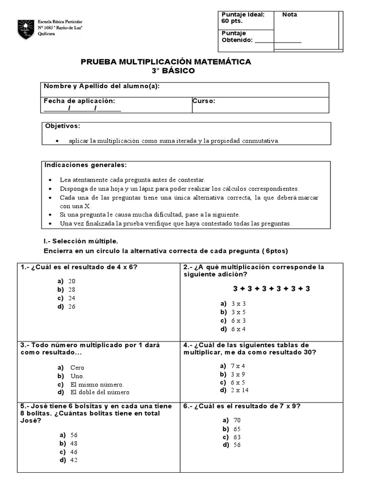 Prueba Multiplicación 3° Básico | PDF | Multiplicación | Matemáticas