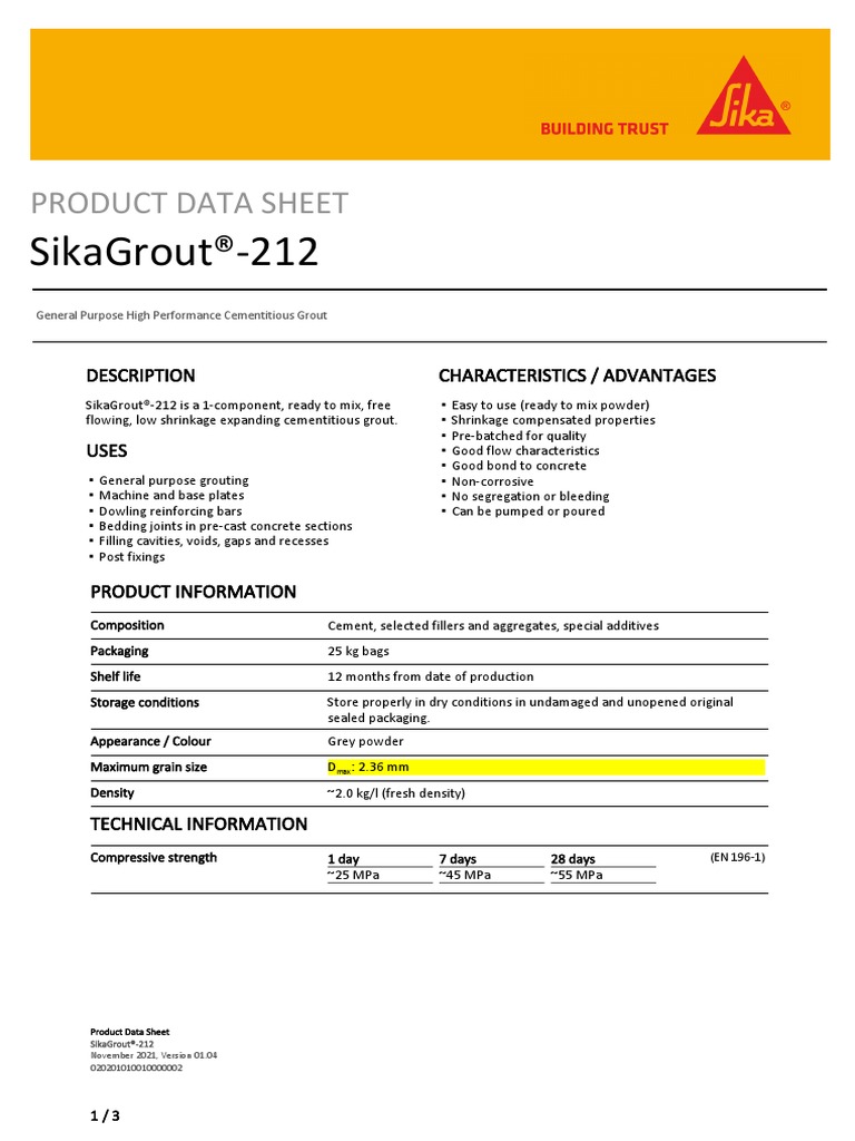 Sikagrout - 212 | PDF | Concrete | Materials