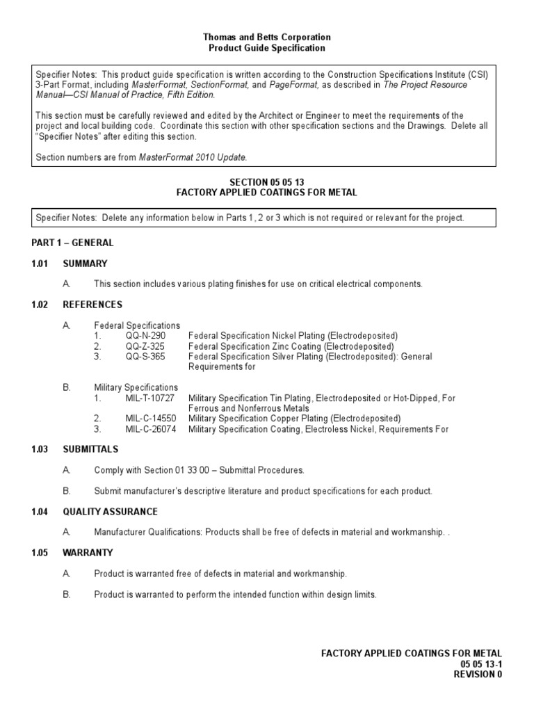 05 05 13 Factory Applied Coatings For Metal | PDF | Specification (Technical Standard) | Metals