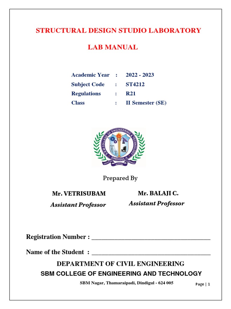 Structural Design Lab Manual ST4212 | PDF | Engineering | Structural Analysis