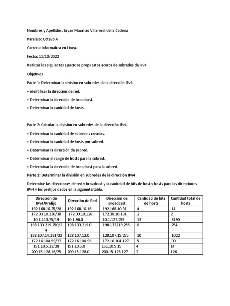 Ejercicios Subredes IPv4. | PDF | Dirección IP | Transmisión de datos