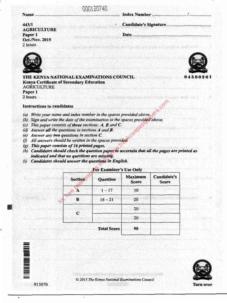 2015 KCSE Agriculture Paper1 | PDF