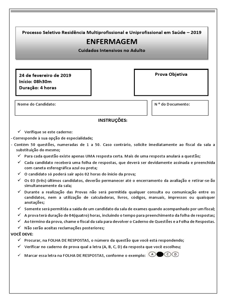 Prova Residencia UTI Adulto Enfermagem | PDF | Eletrocardiografia | Saúde mental