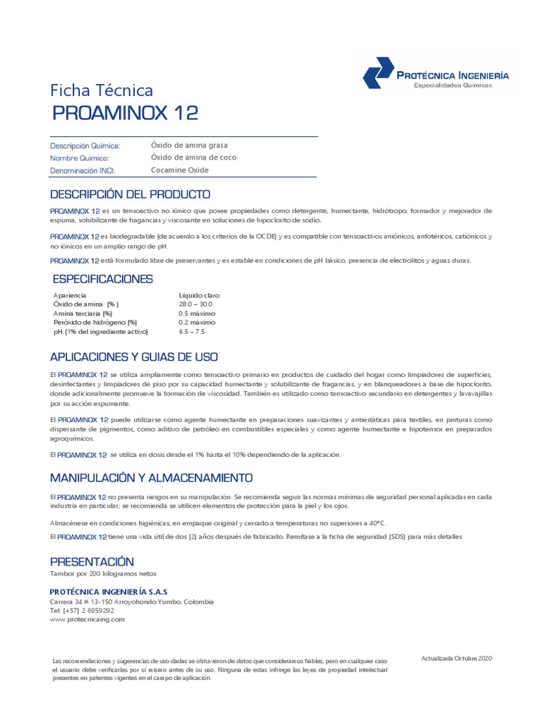 Ficha Técnica de Proaminox 12 | PDF | Tensioactivo | Detergente
