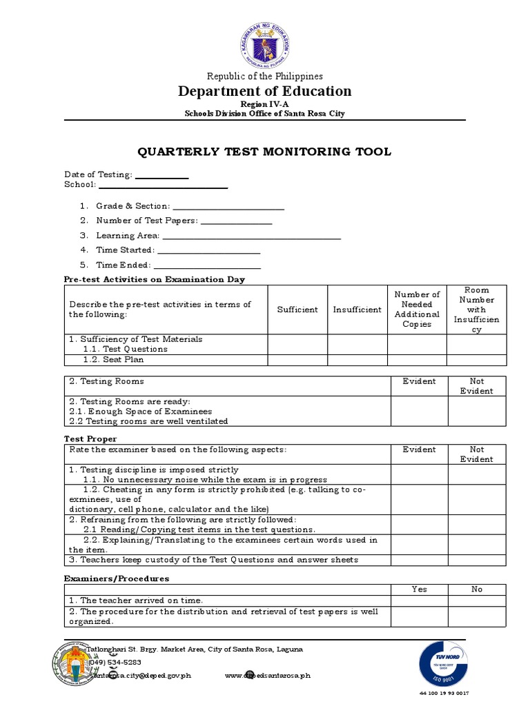 Monitoring Tool For Quarterly Test | PDF | Test (Assessment) | Cognition